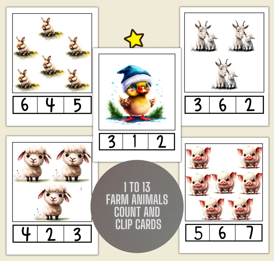 FARM ANIMALS Count and Clip Cards, 1 to 13 Counting, Spring Activity ...
