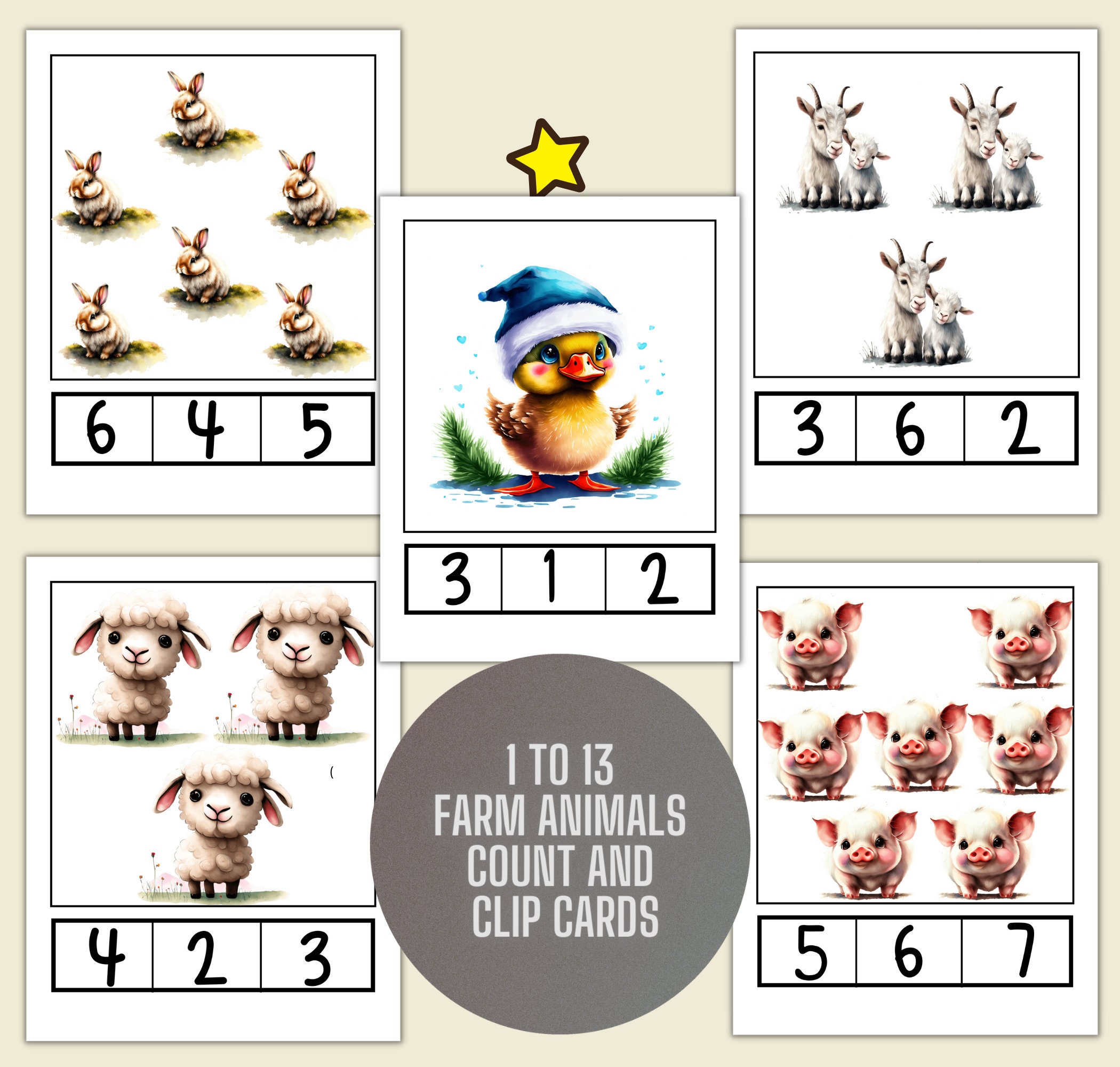 FARM ANIMALS Count and Clip Cards, 1 to 13 Counting, Spring Activity ...