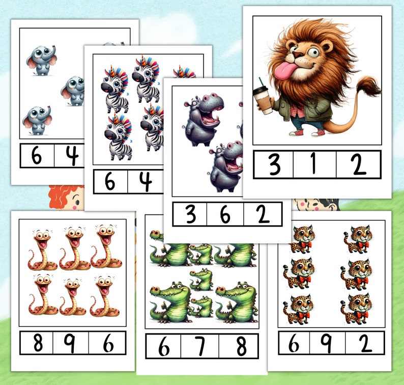 SAFARI ANIMALS 3 Count and Clip Cards, Montessori Cards 1 to 16 ...