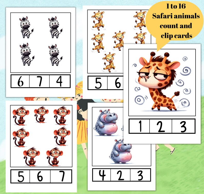 SAFARI ANIMALS 3 Count and Clip Cards, Montessori Cards 1 to 16 ...