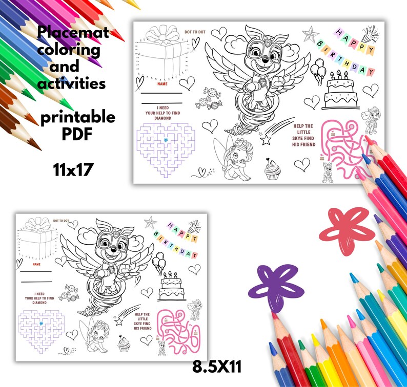 Birthday Coloring Placemat Printable Birthday Party Coloring Page Pink ...