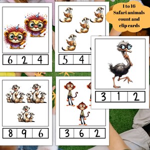 SAFARI ANIMALS 2 Count and Clip Cards, 1 to 16 Counting, Spring ...