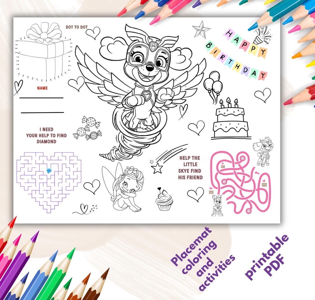 Birthday Coloring Placemat Printable Birthday Party Coloring Page Pink ...