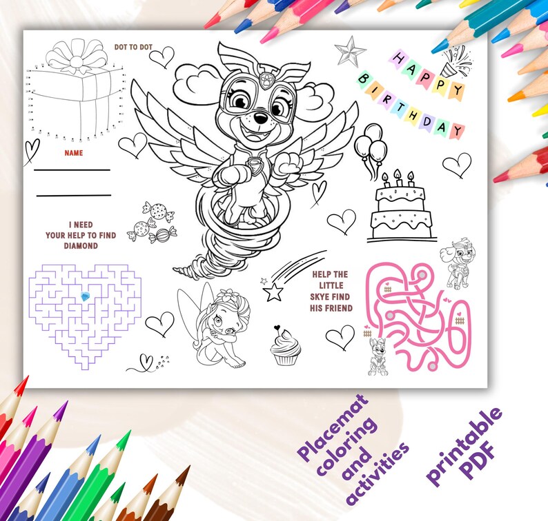 Birthday Coloring Placemat Printable Birthday Party Coloring Page Pink ...
