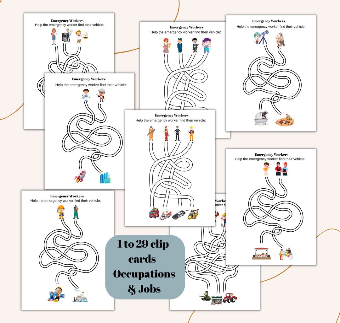 Emergency Workers Maze Worksheet,1 to 29 Clip Cards Occupations & Jobs ...