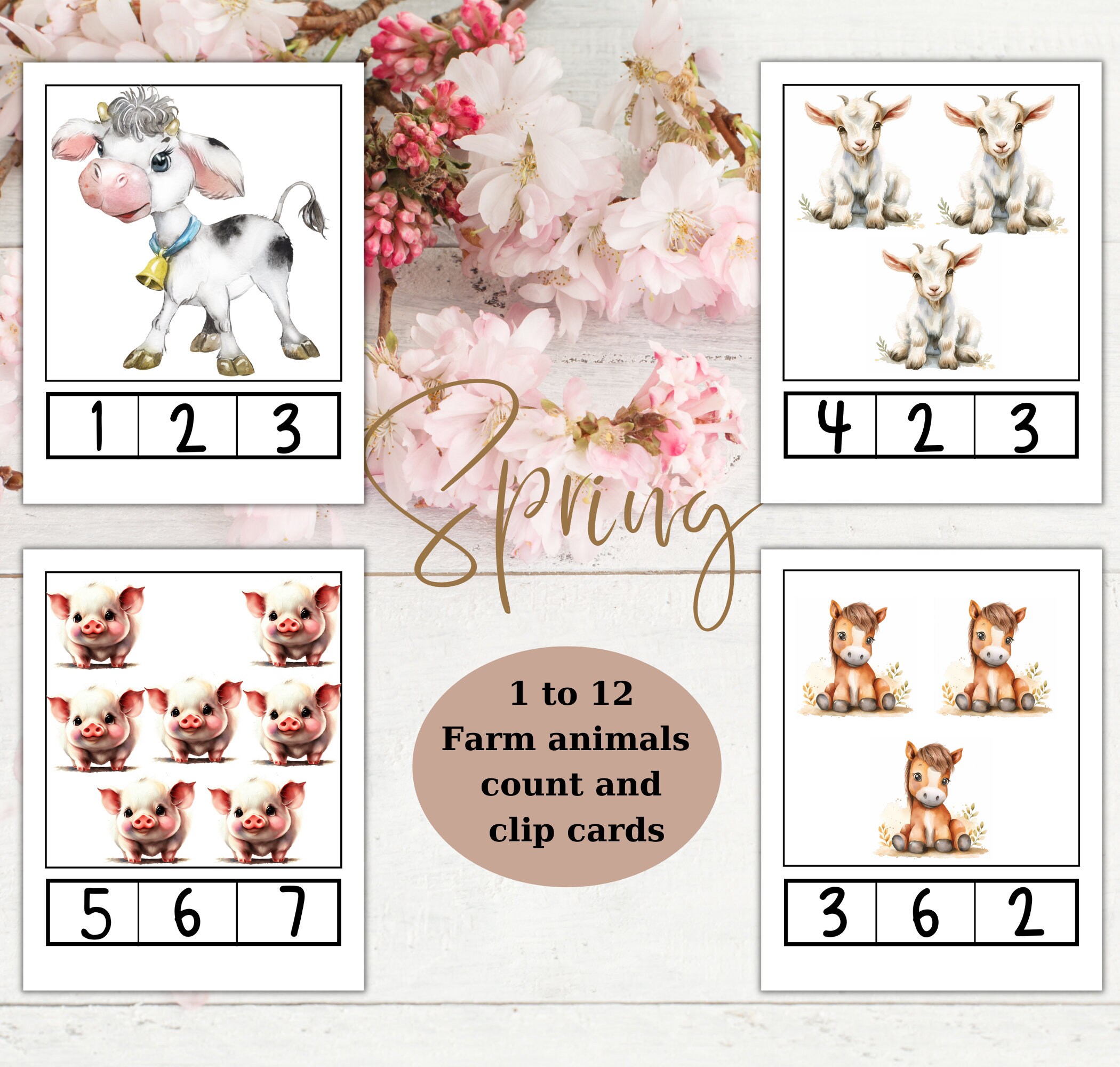 FARM ANIMALS Count and Clip Cards, 1 to 12 Counting, Spring Activity ...