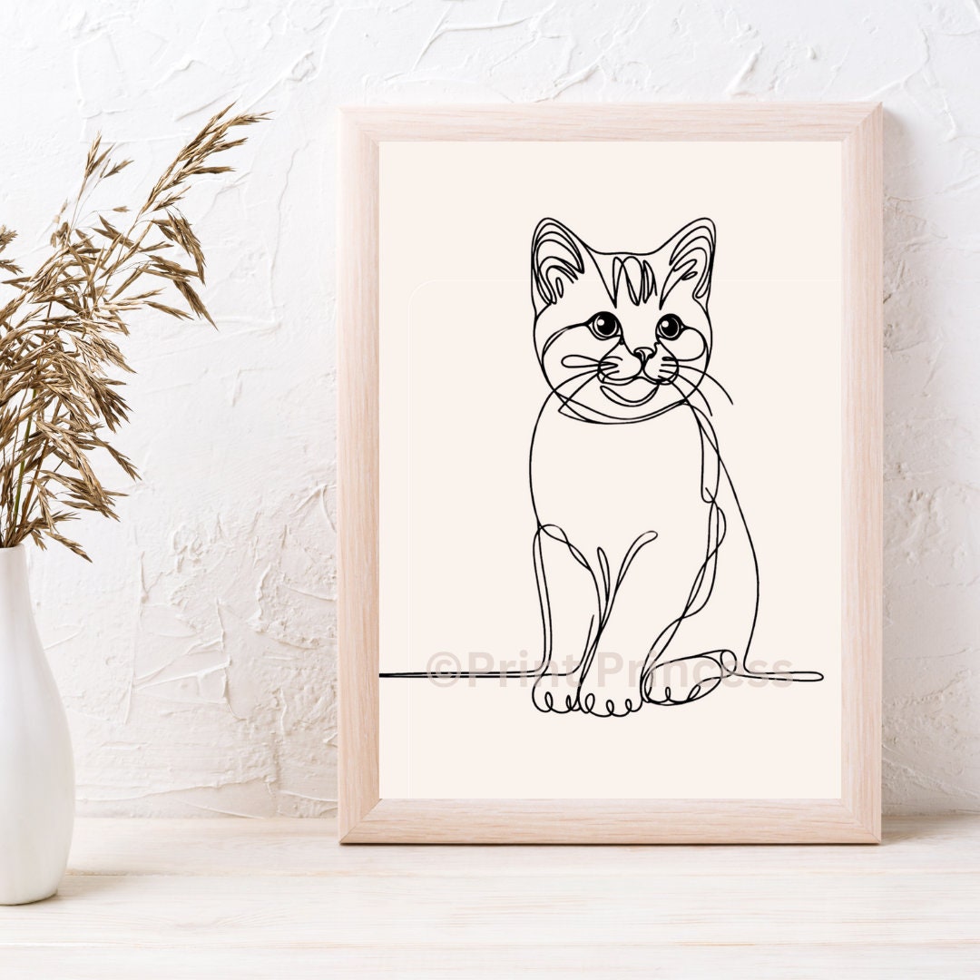 Cat Line Art Print Printable Instant Download Elegant Fine Line ...