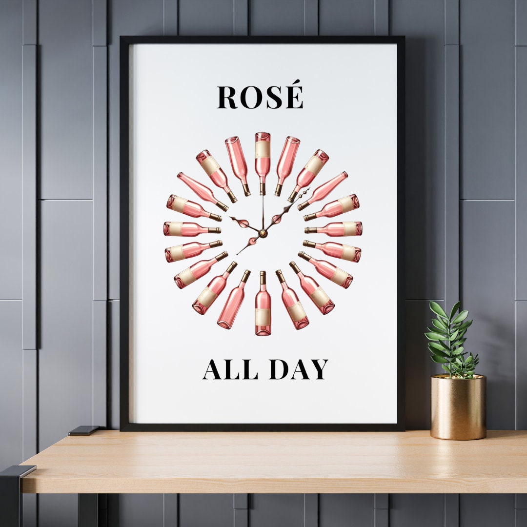 Rose Wine Clock Poster | Instant Download | Kitchen Decor | Rose Win ...