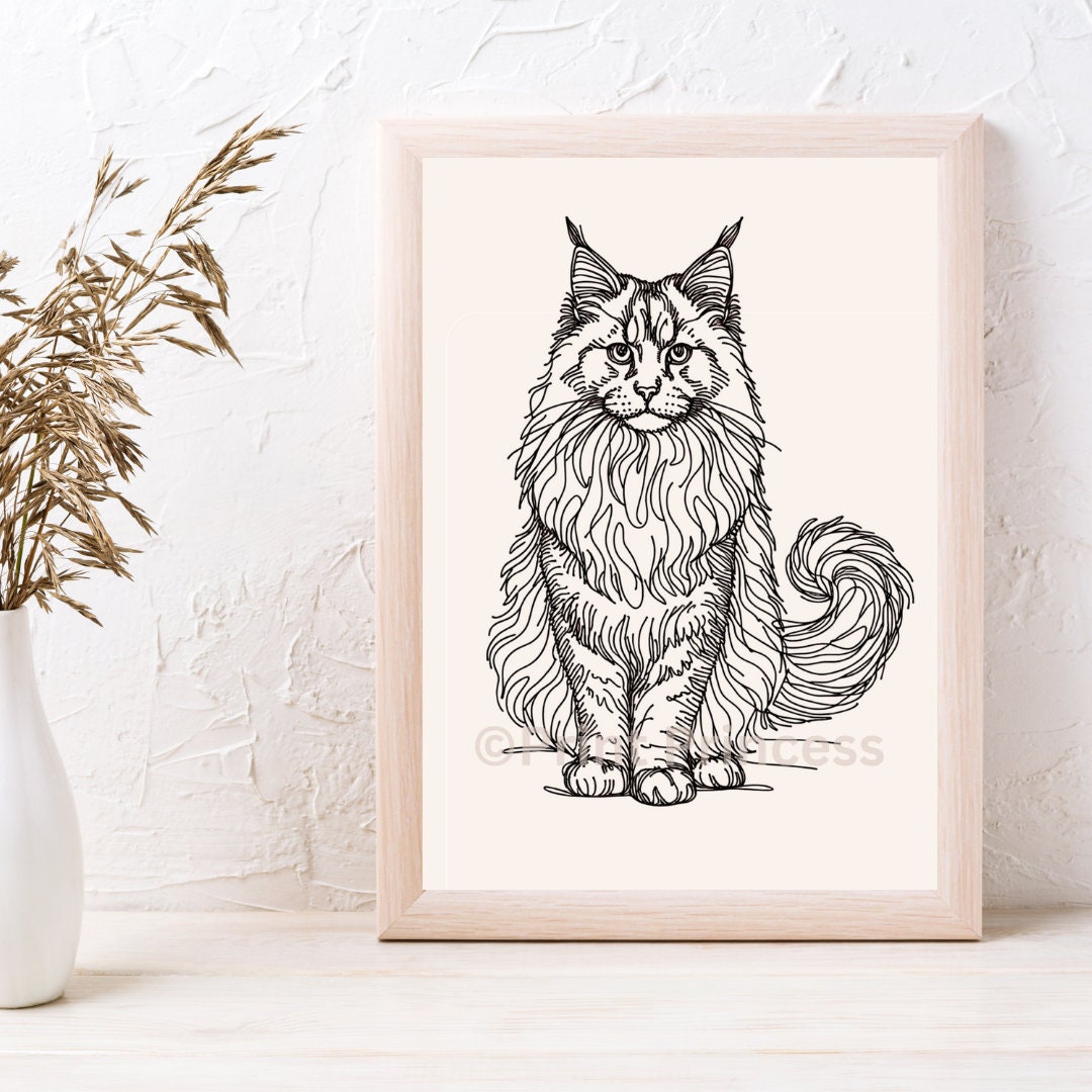 Maine Coon Cat Line Art Print Printableinstant Download Elegant Fine ...