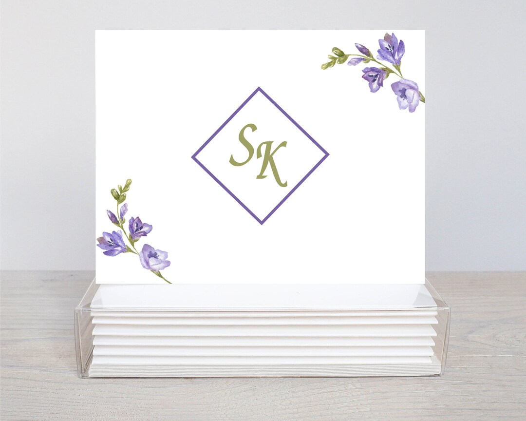 Monogrammed Folded Note Cards With Purple Flowers | Personalized ...