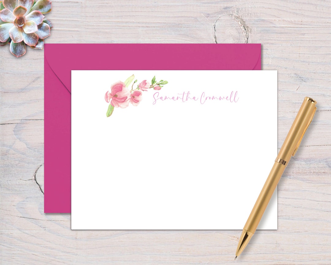Personalized Note Card Pink Watercolor Flower Customized Stationery ...