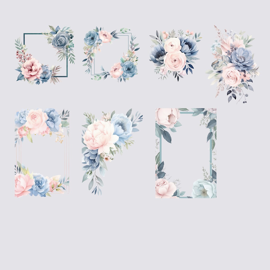 Powder Blue and Blush Floral Frames and Borders Clipart, Watercolor ...