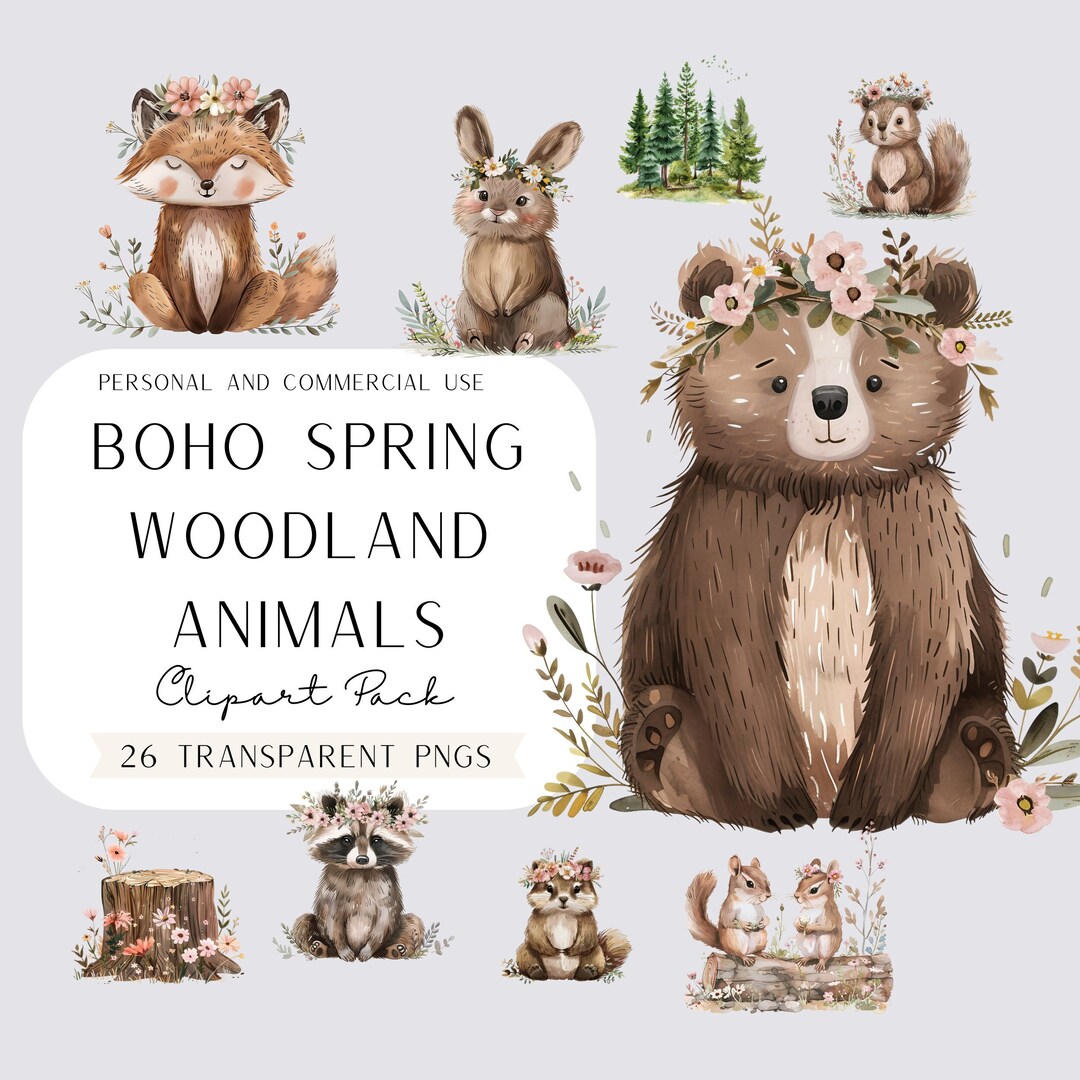 Boho Spring Woodland Animals Clipart Pack, Nursery Decoration, Bear PNG ...