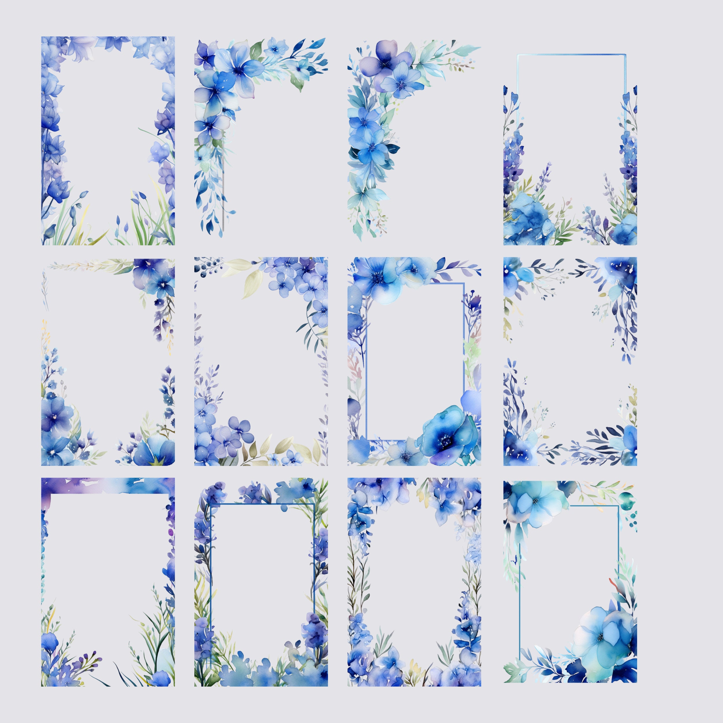 Indigo Floral Frames and Border Clipart, Watercolor Blue Flower PNG ...