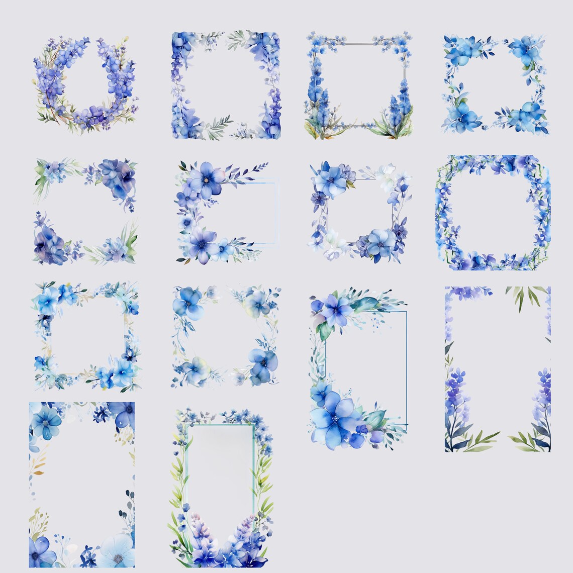 Indigo Floral Frames and Border Clipart, Watercolor Blue Flower PNG ...