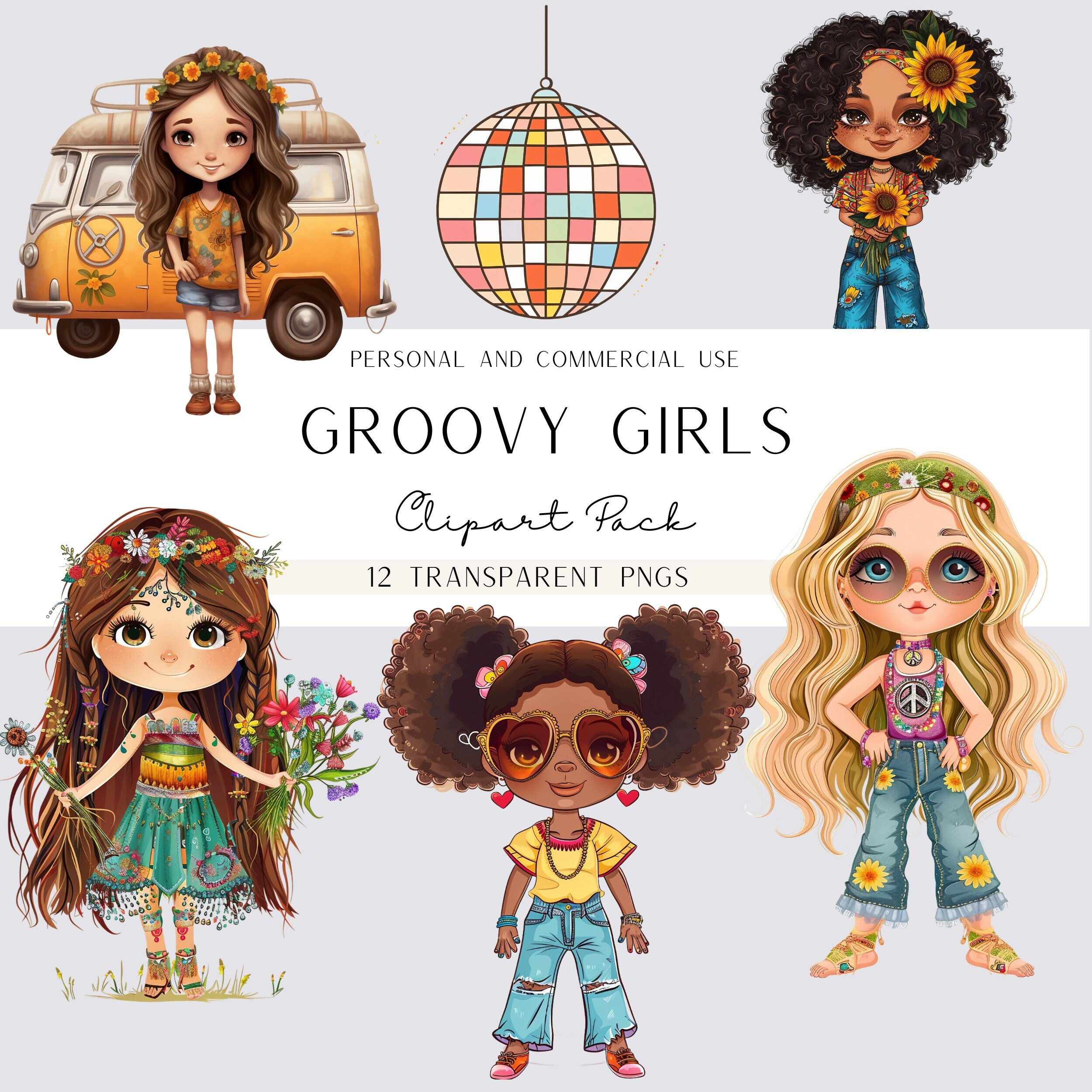 Groovy Girls Clipart, Retro PNG, Disco Ball Image, 70's Girl Clip Art ...