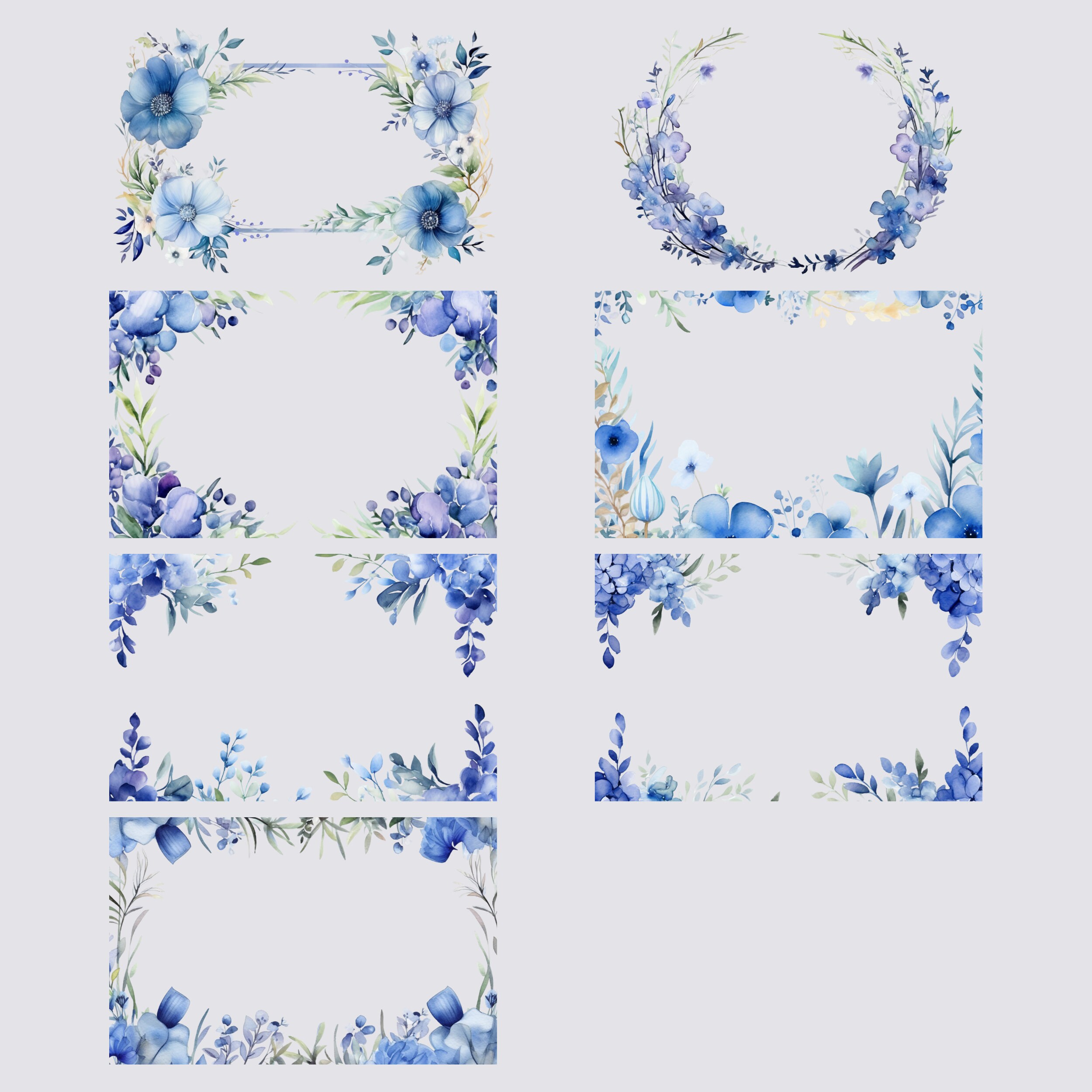 Indigo Floral Frames and Border Clipart, Watercolor Blue Flower PNG ...