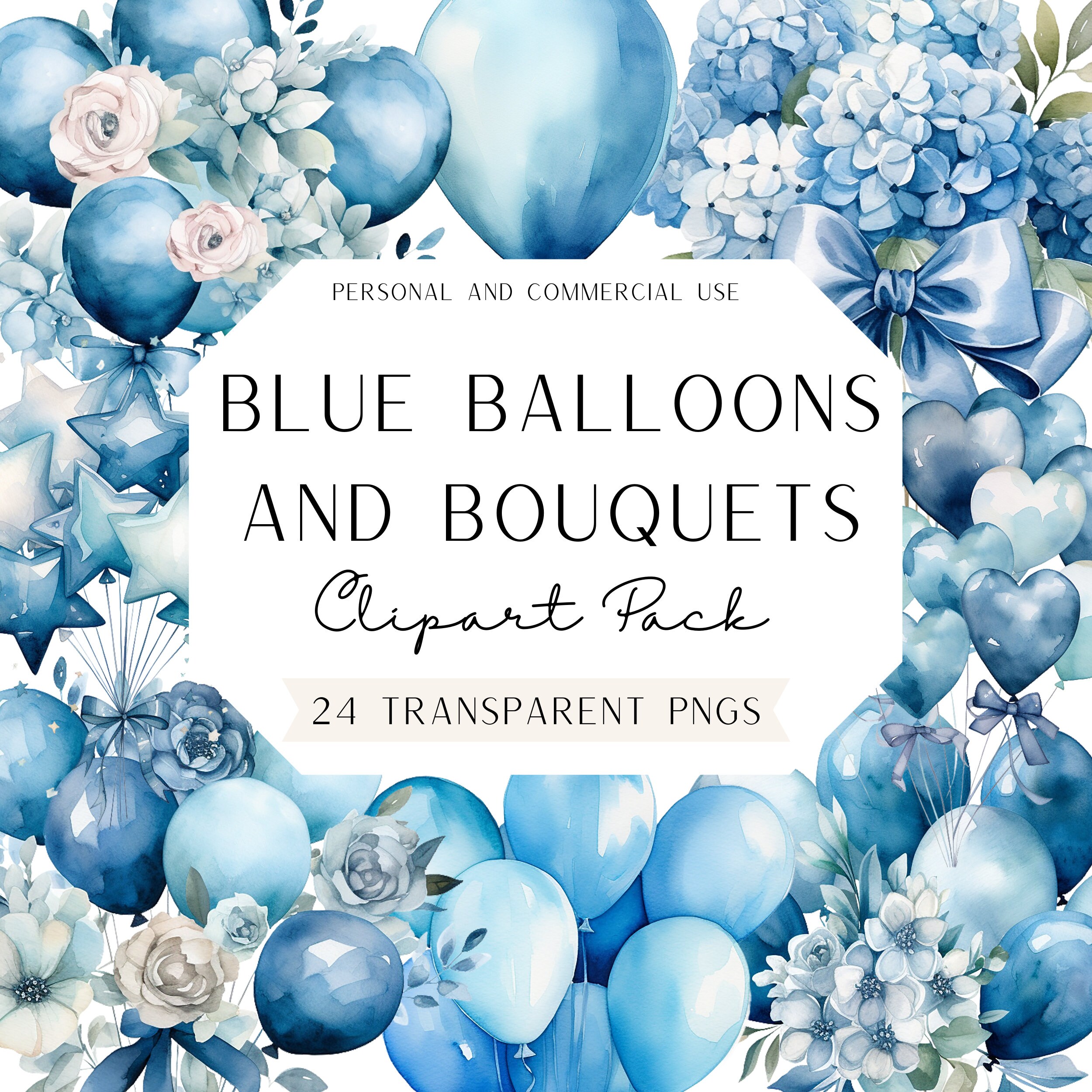 Blue Balloons and Bouquets Clipart, Watercolor Clip Art, Commercial Use ...