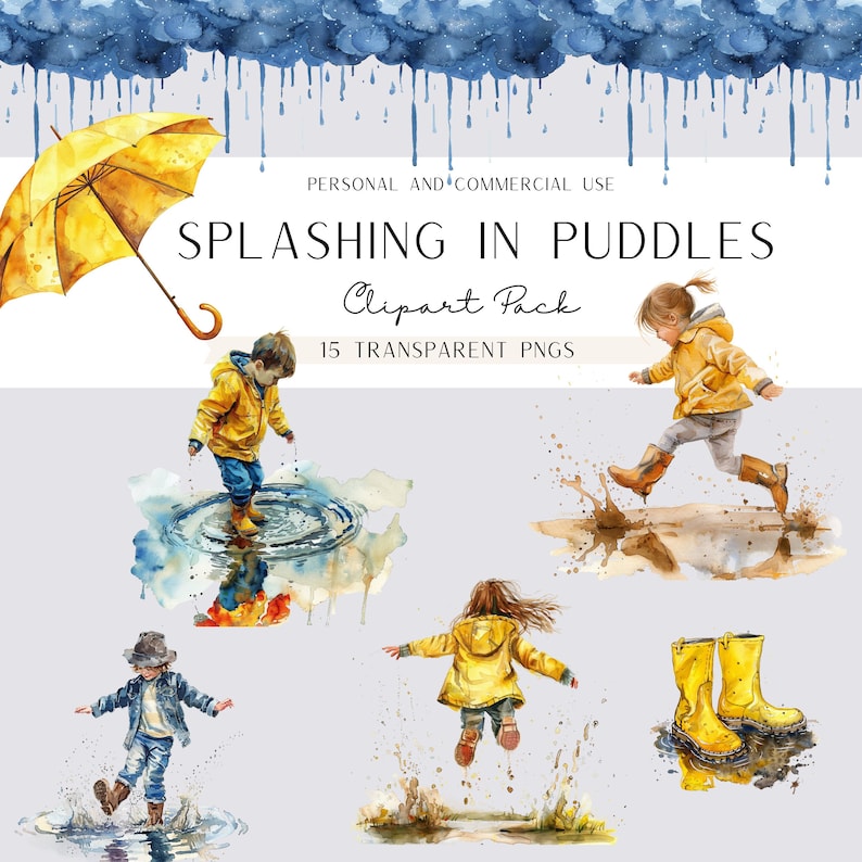 Splashing in Puddles Clipart, Rainy Day PNG, Commercial Use, Instant ...
