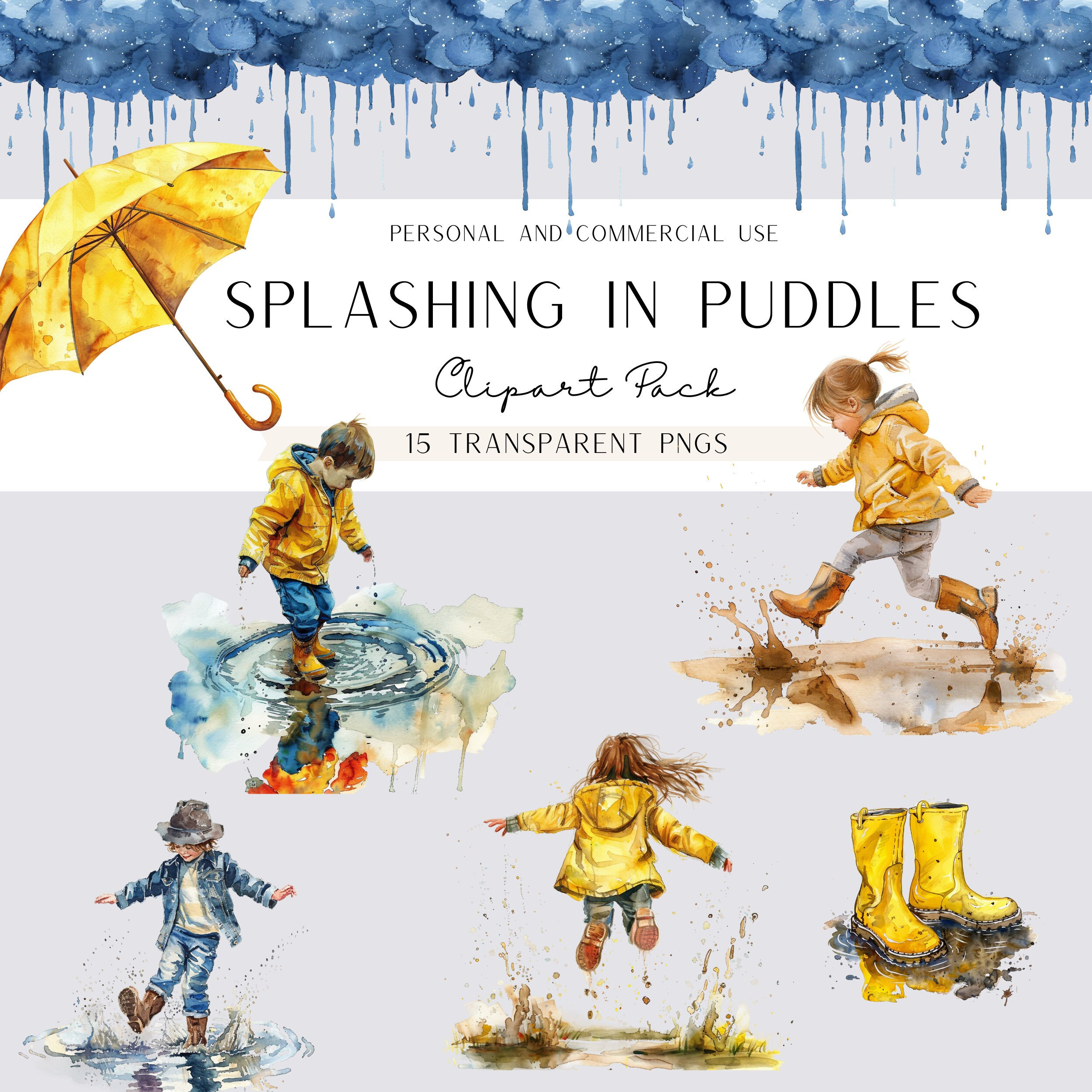 Splashing in Puddles Clipart, Rainy Day PNG, Commercial Use, Instant ...