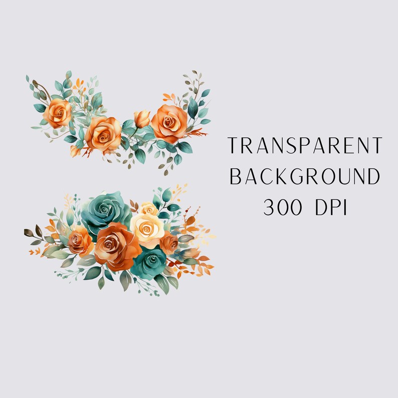 Orange and Teal Flowers Clipart, Watercolor, Commercial Use ...