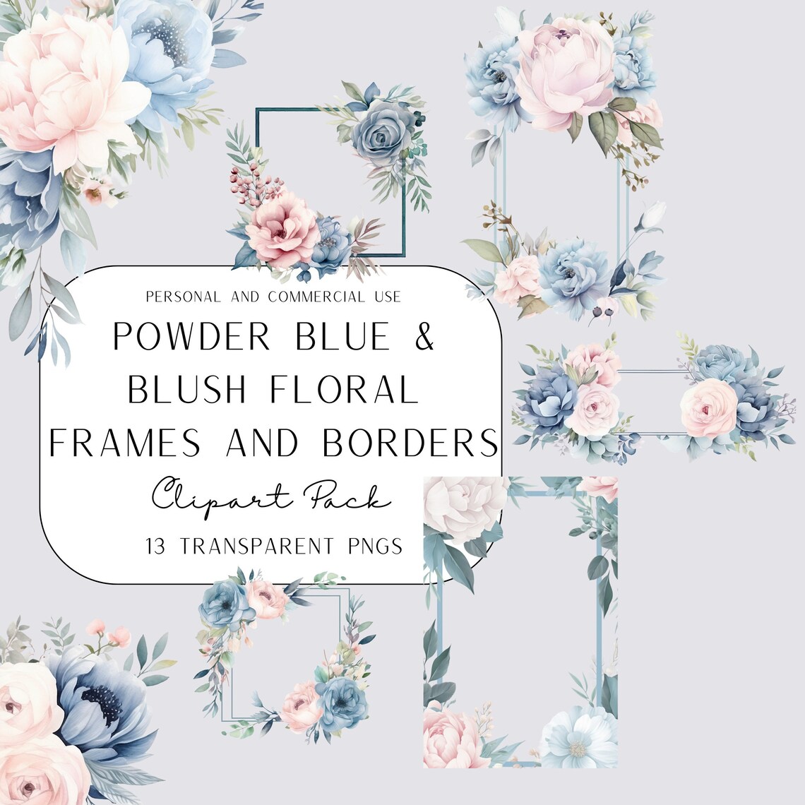 Powder Blue and Blush Floral Frames and Borders Clipart, Watercolor ...