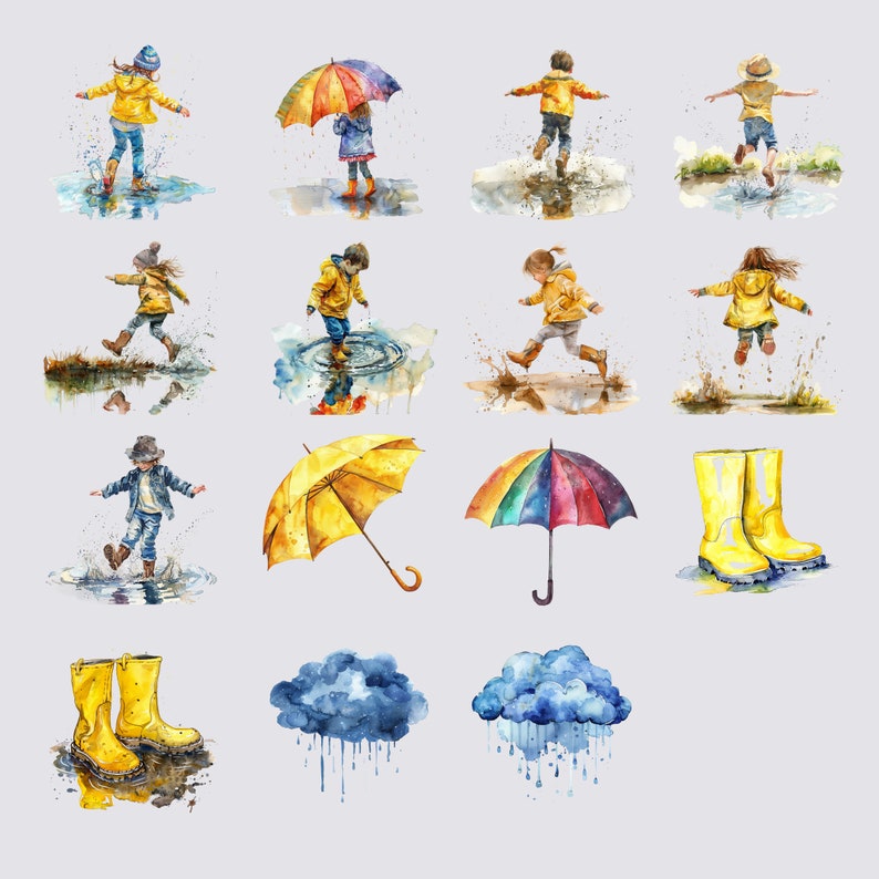 Splashing in Puddles Clipart, Rainy Day PNG, Commercial Use, Instant ...