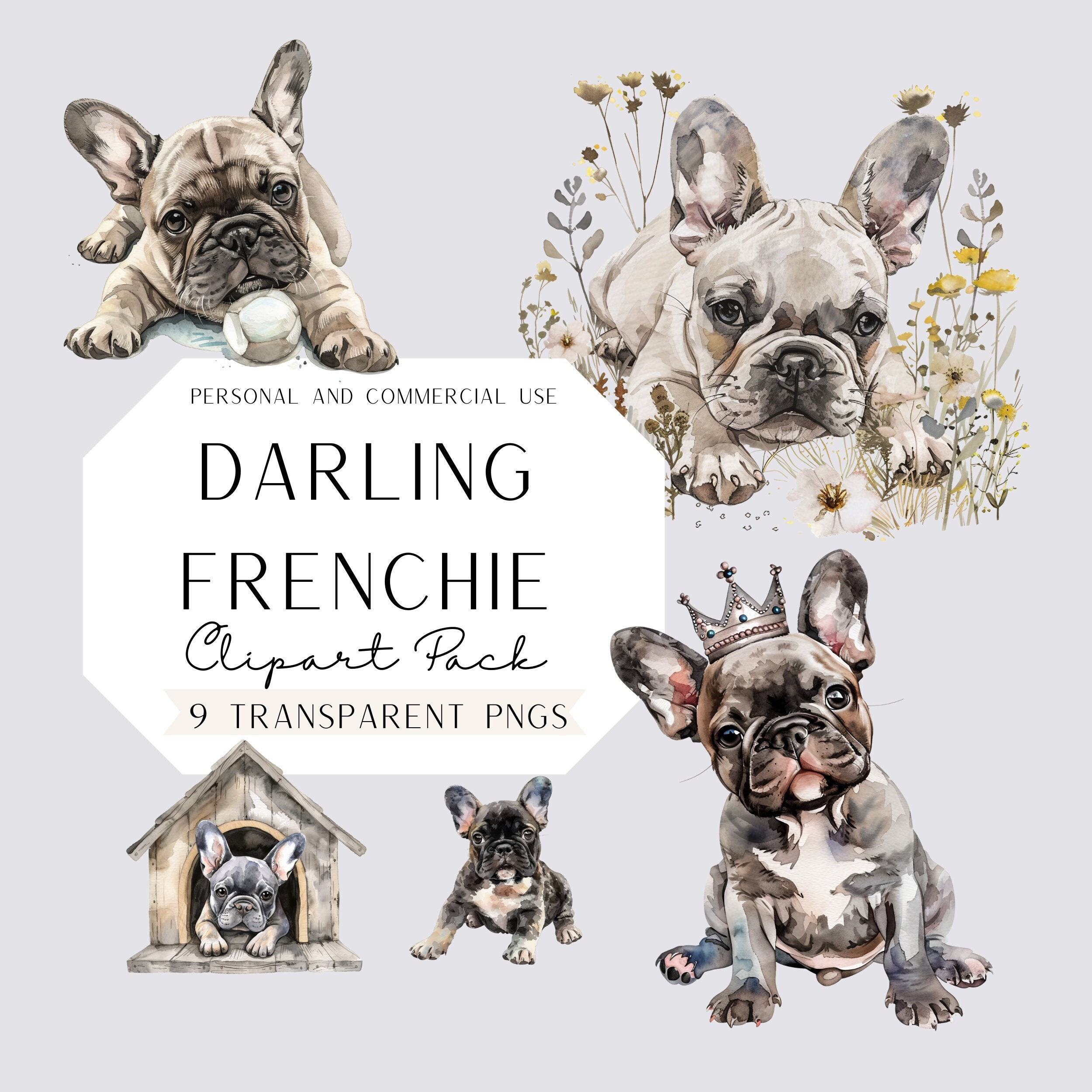 Darling Frenchie Clipart, Watercolor French Bulldogs, Playful Puppies ...