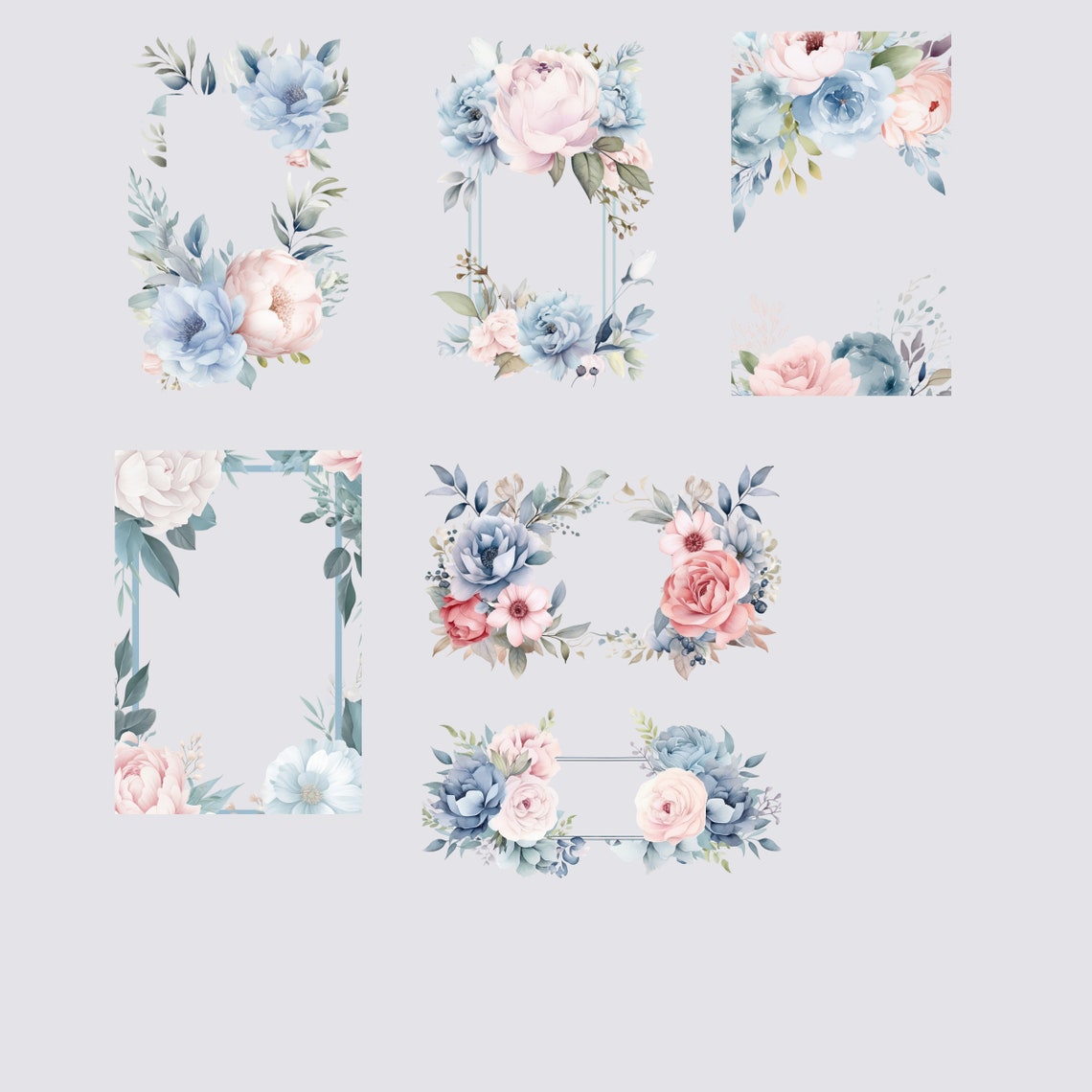 Powder Blue and Blush Floral Frames and Borders Clipart, Watercolor ...