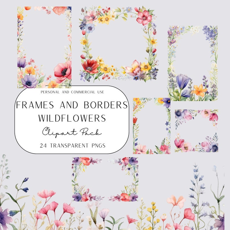 Frames and Borders Wildflower Clipart, Wildflower Frame, Floral Border, Meadow Frame, Watercolor ...