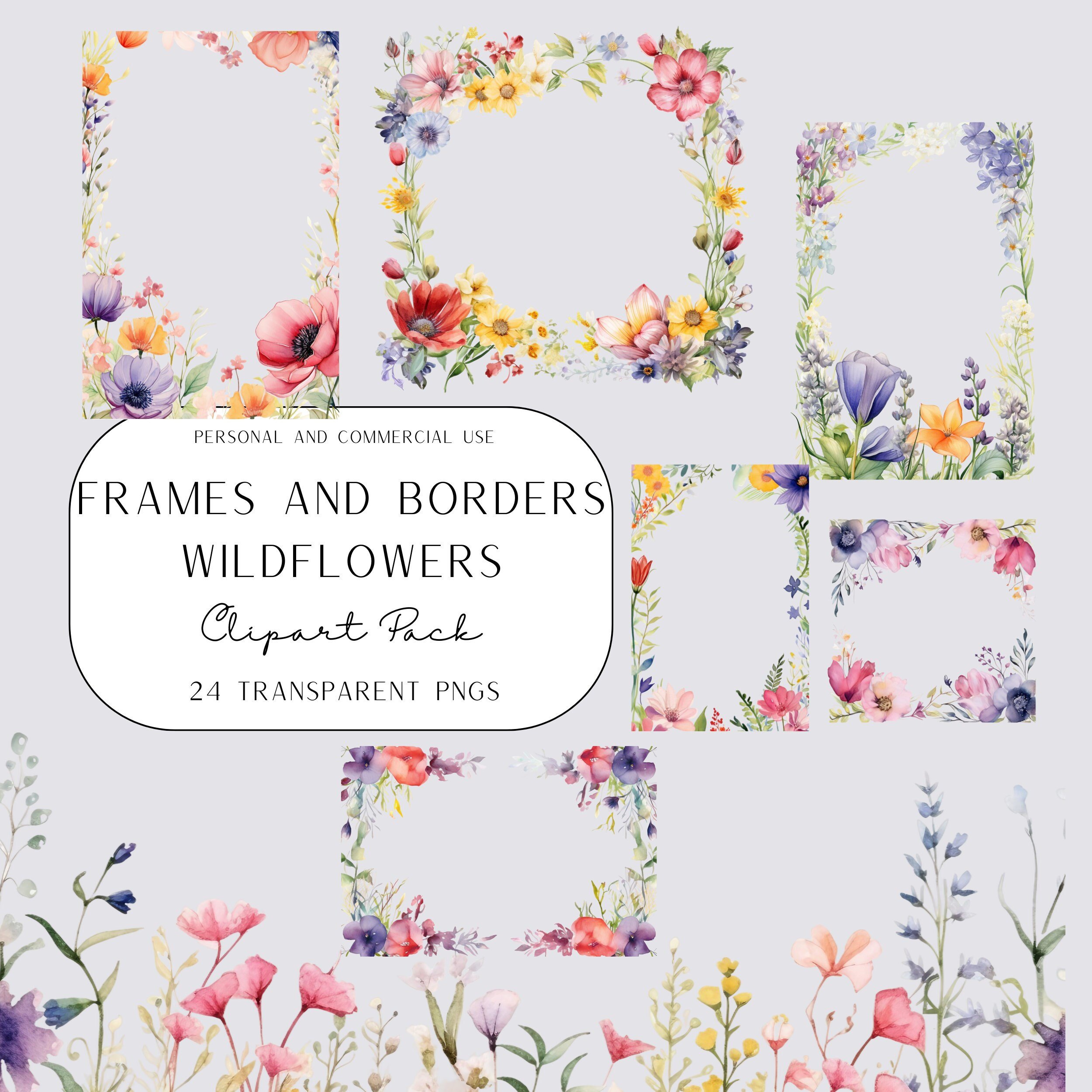 Frames and Borders Wildflower Clipart, Wildflower Frame, Floral Border, Meadow Frame, Watercolor ...