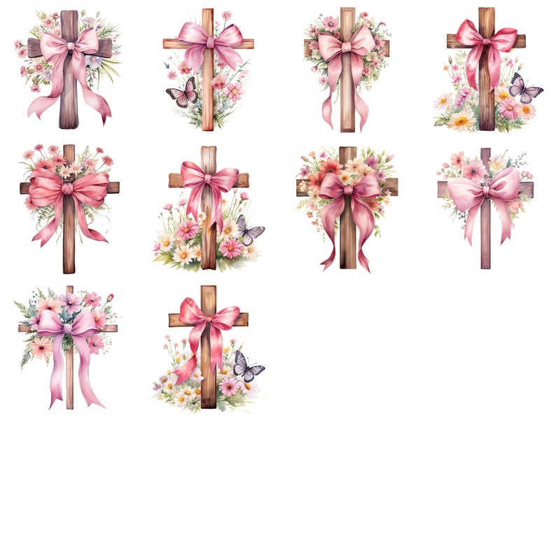 Cross With Coquette Bow and Wild Flowers Clipart, Christian PNG, Easter ...