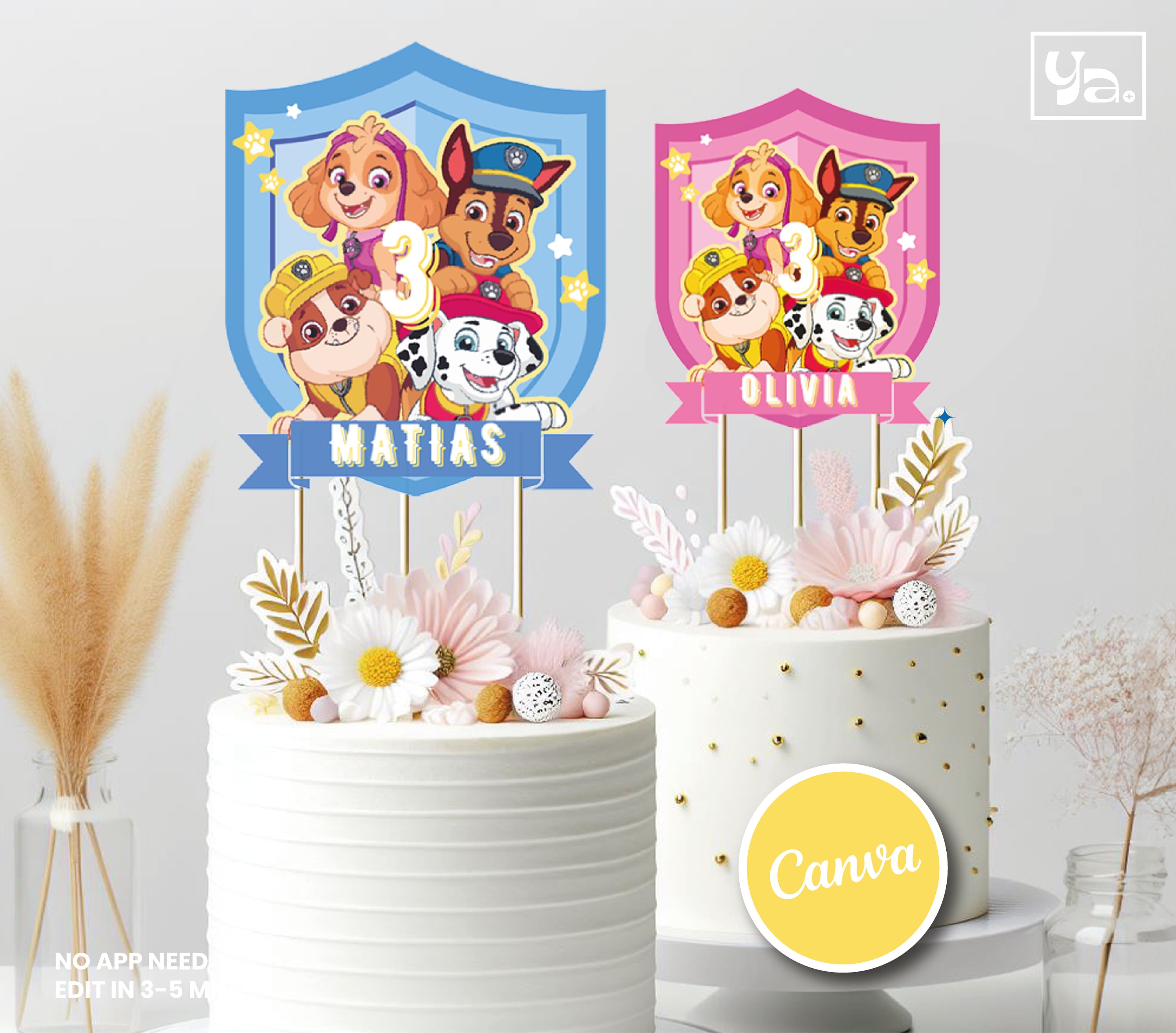 PAW Cake Topper Rosa y azul Paw Theme Cake Topper, Paw Cake Topper ...