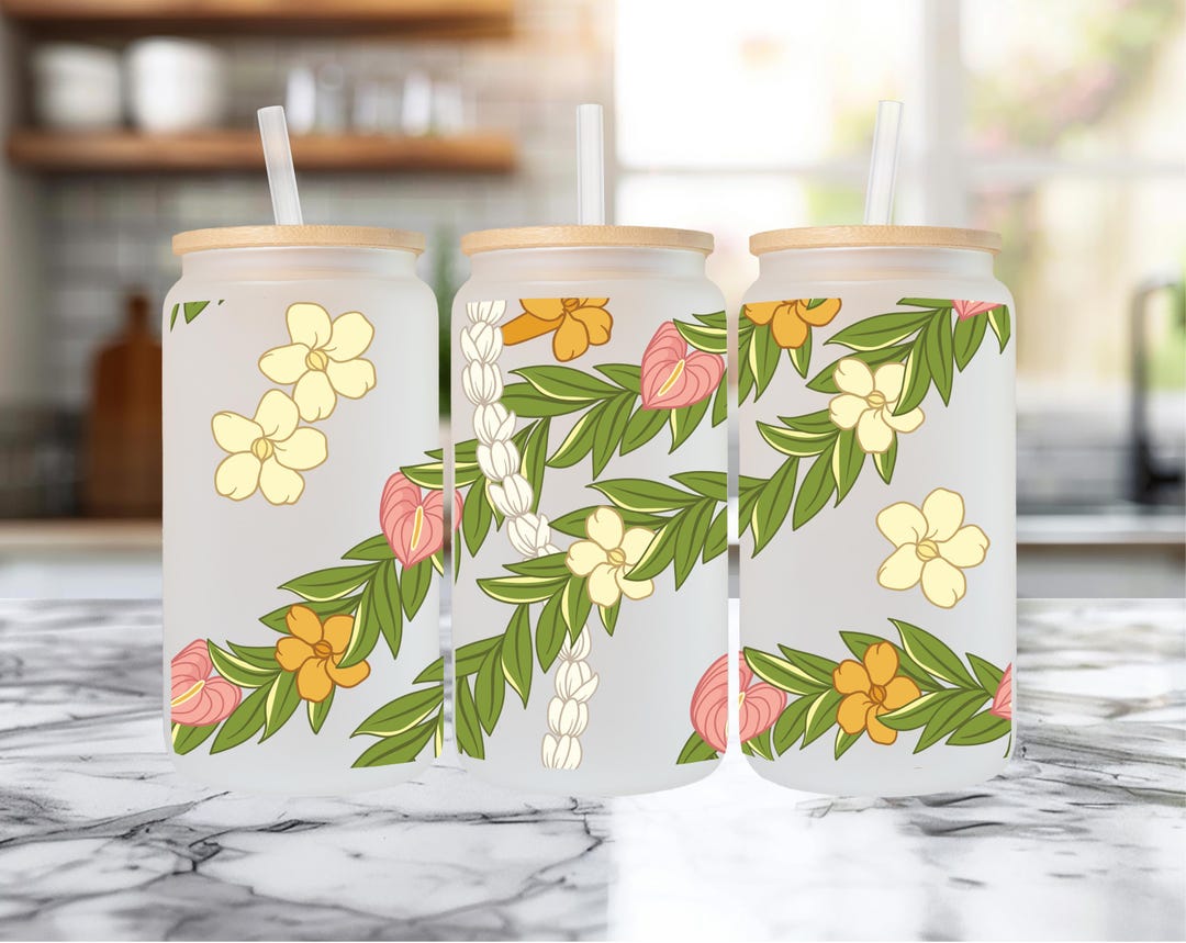 Maile & Pikake Lei - Puakenikeni Anthurium Flower Design 16 Oz Frosted ...