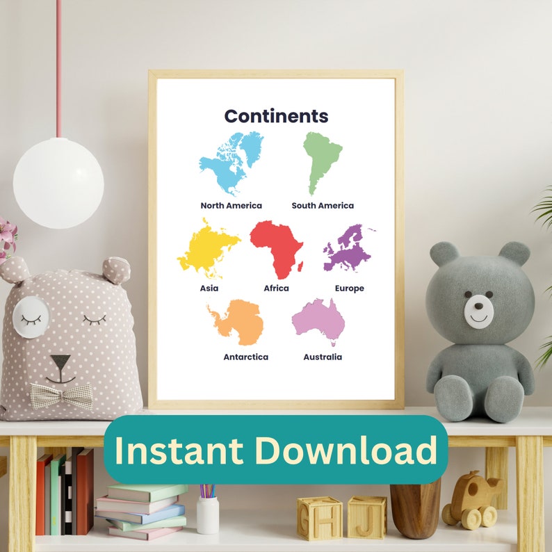 Continents Poster for Schoolroom Printable Wall Art Homeschool ...