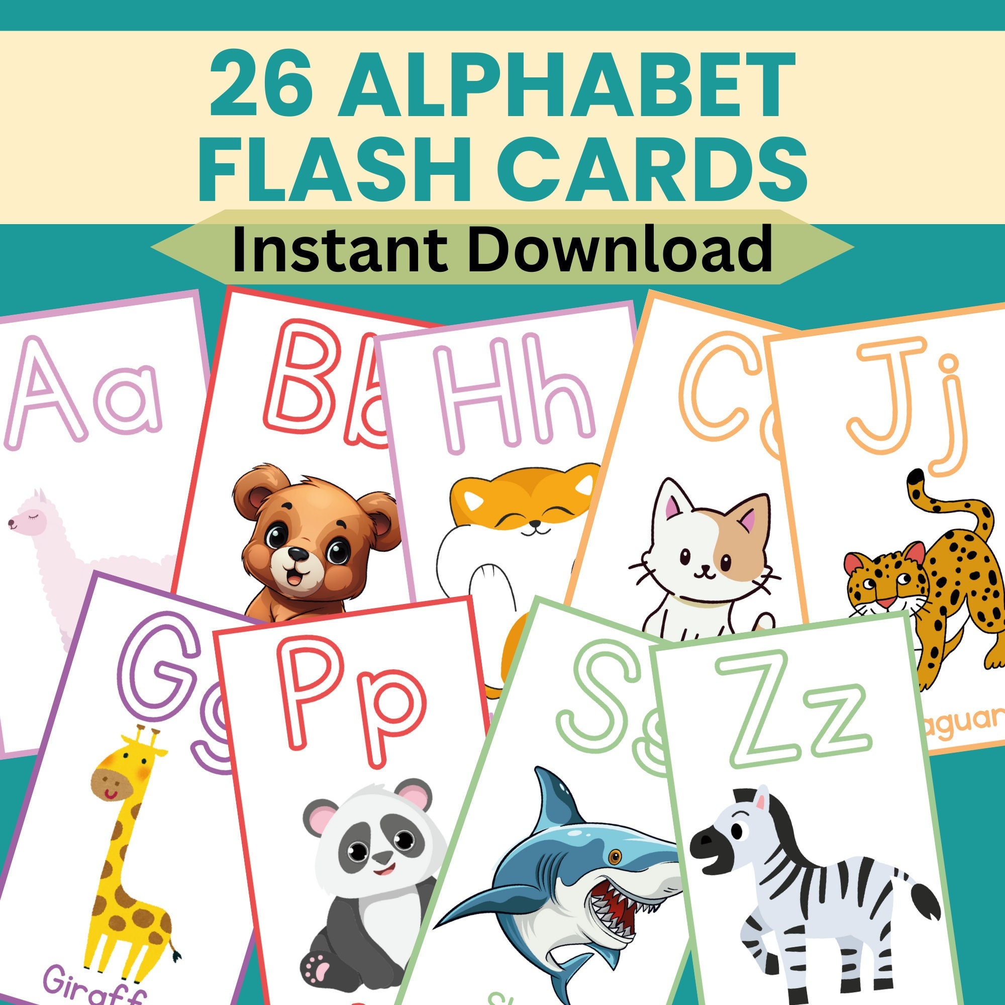 Alphabet Flash Cards for Homeschool Curriculum Educational Cards Animal ...