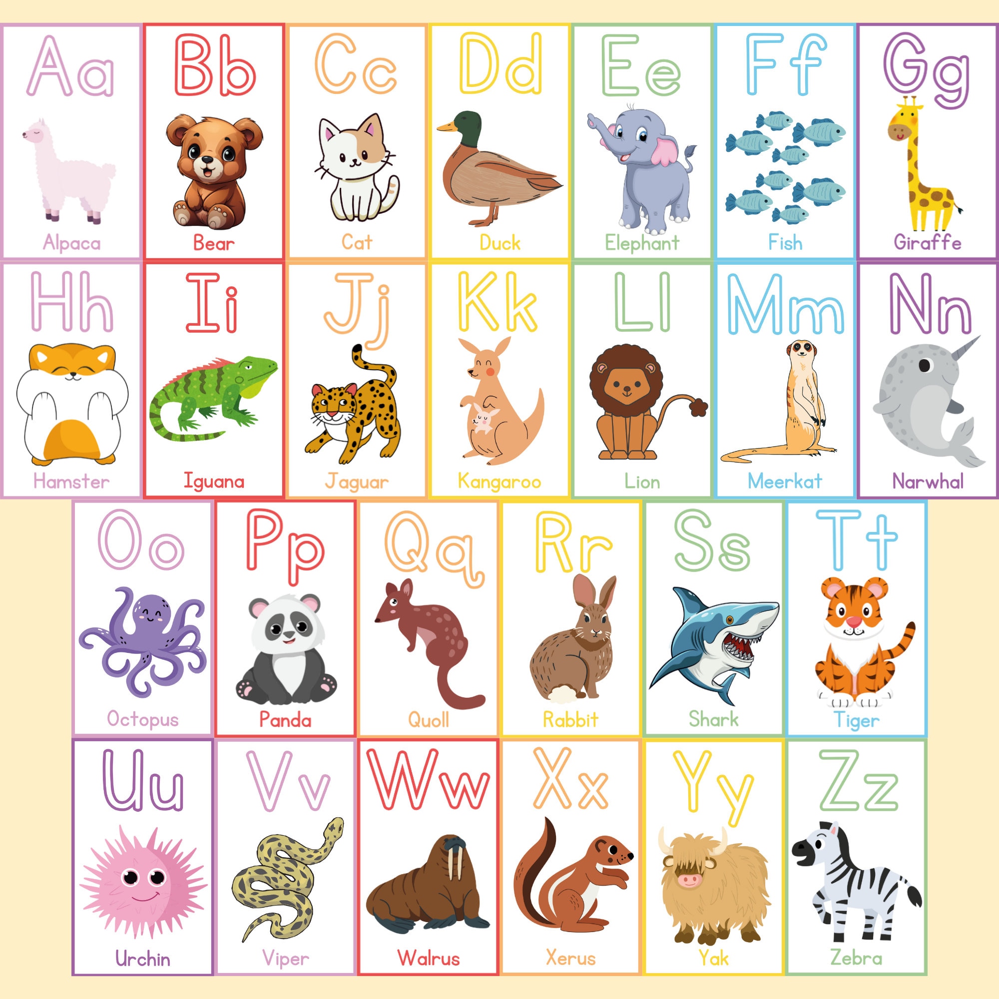 Alphabet Flash Cards for Homeschool Curriculum Educational Cards Animal ...