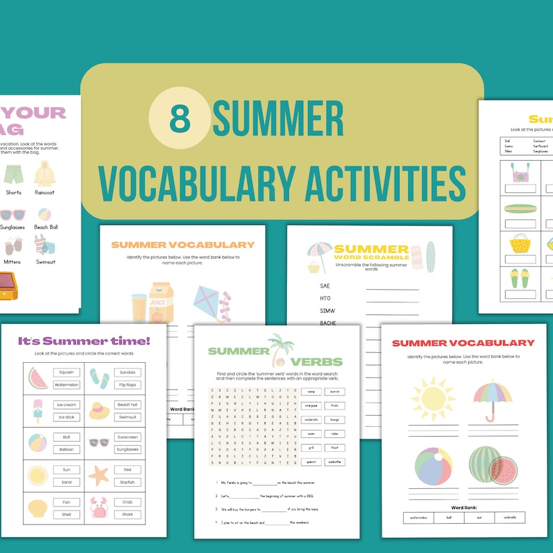 Summer Vocabulary Activities for Kids Instant Download Summer ...
