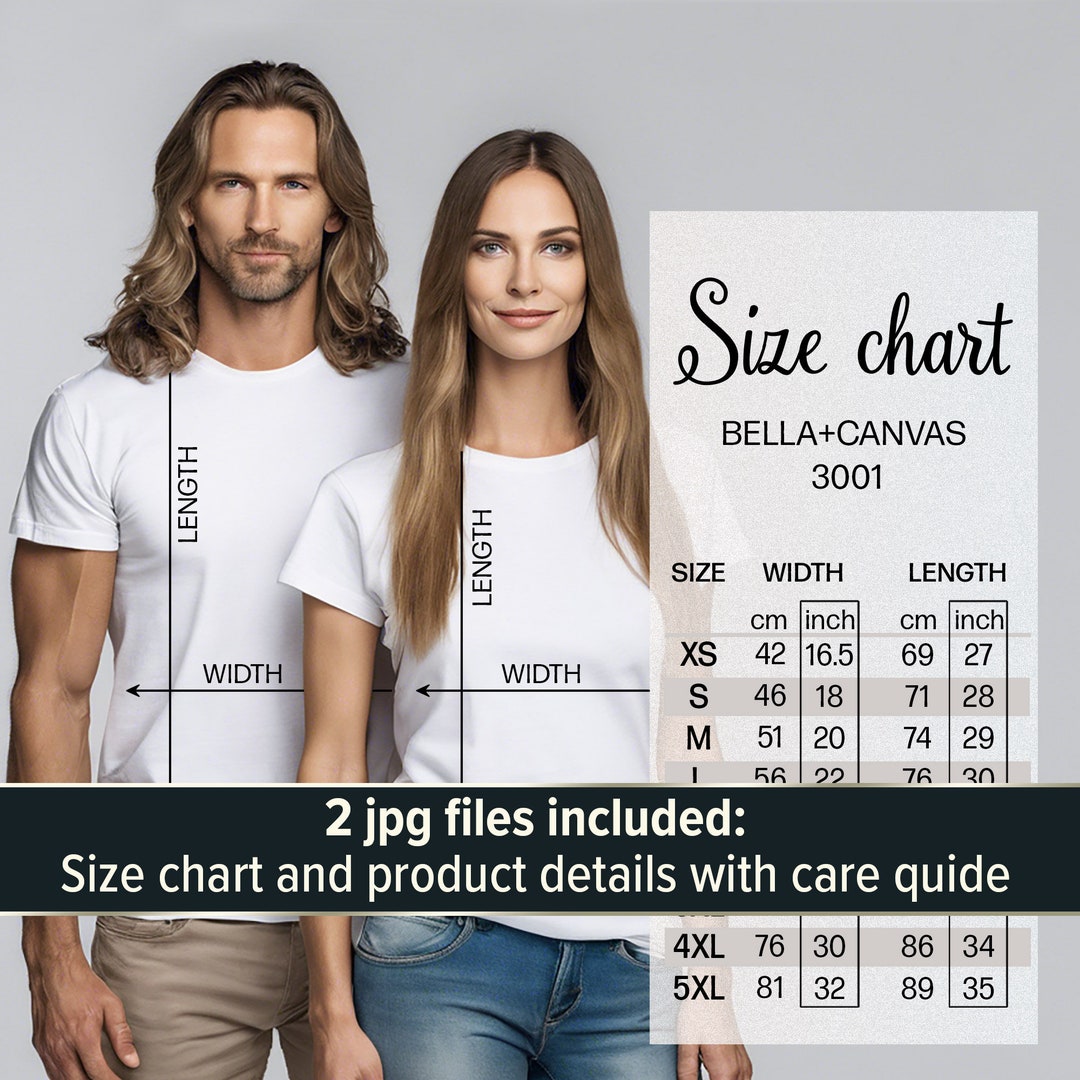Bella Canvas 3001 Size Chart Bundle in Cm and Inch, Care Instructions ...