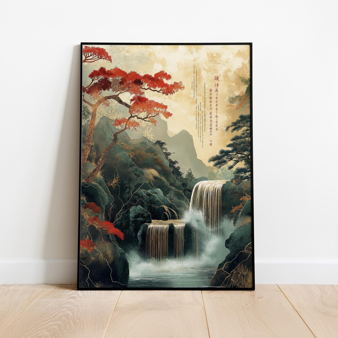 Chinese Waterfall Wall Art Print – Traditional Landscape With ...