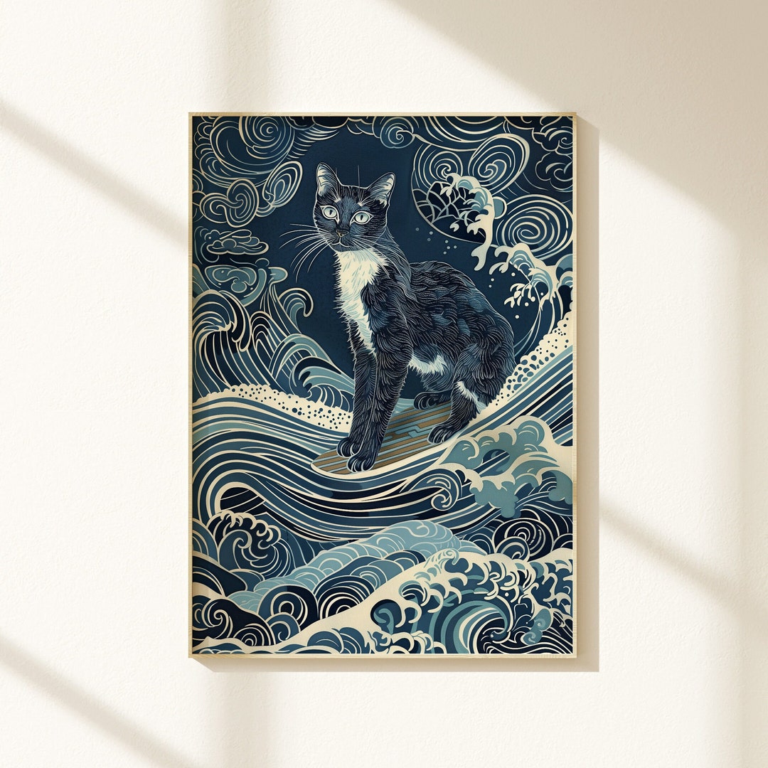 Hokusai Inspired Great Wave Cat Surfing Poster - Japanese Vintage Home ...