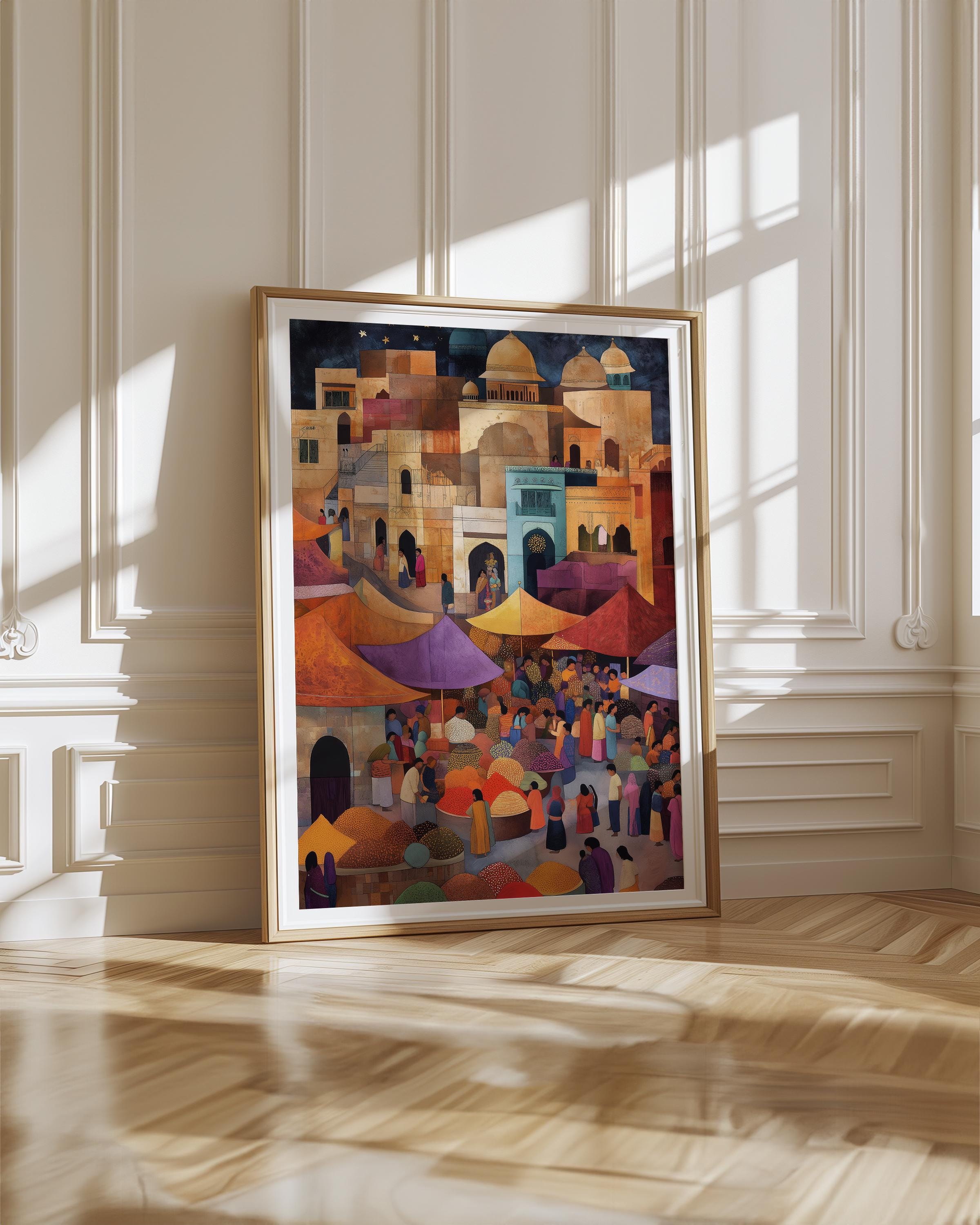 Colorful Traditional Indian Marketplace Painting - Spice Market Art ...