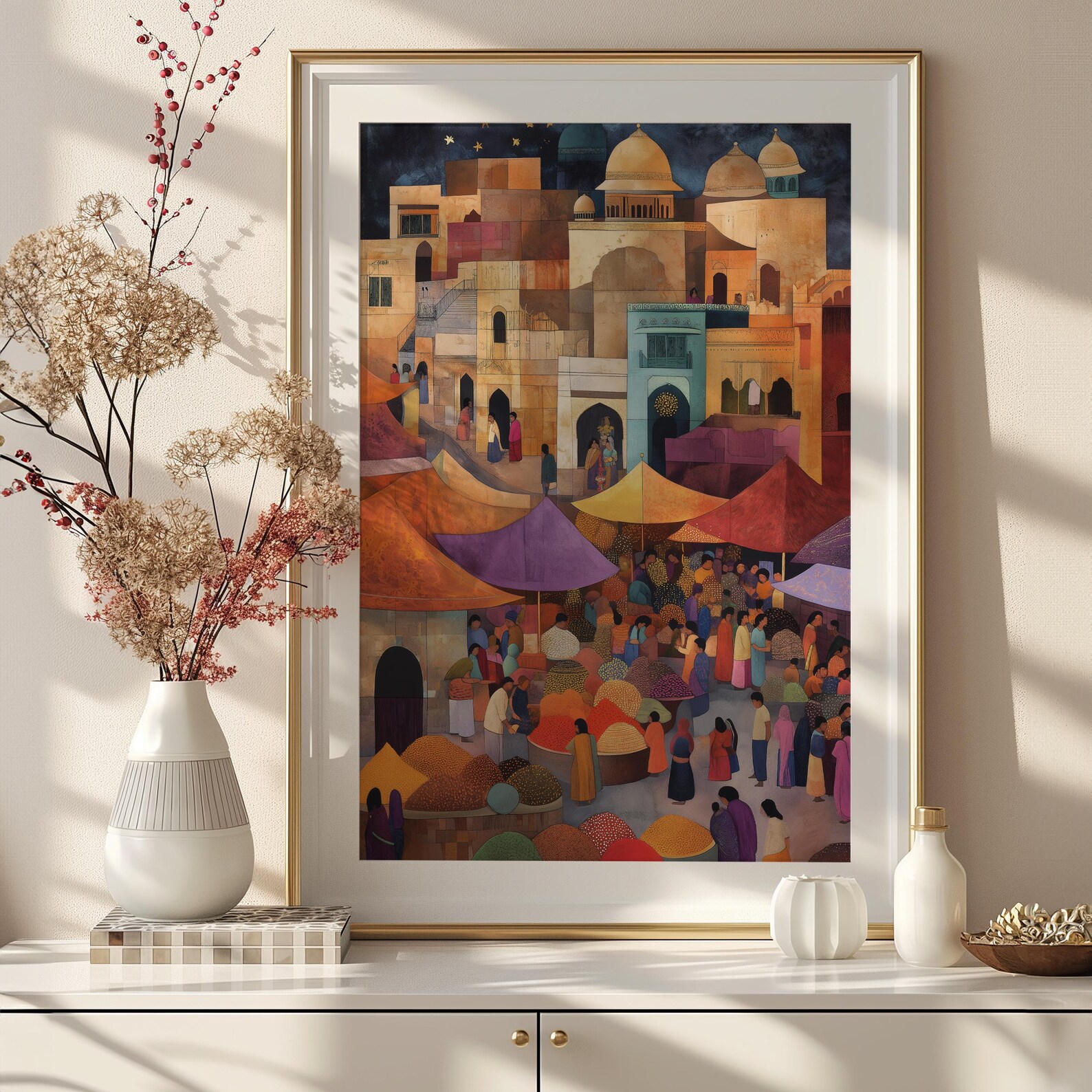 Colorful Traditional Indian Marketplace Painting - Spice Market Art ...