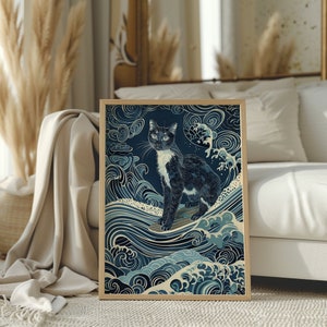 Hokusai Inspired Great Wave Cat Surfing Poster - Japanese Vintage Home ...