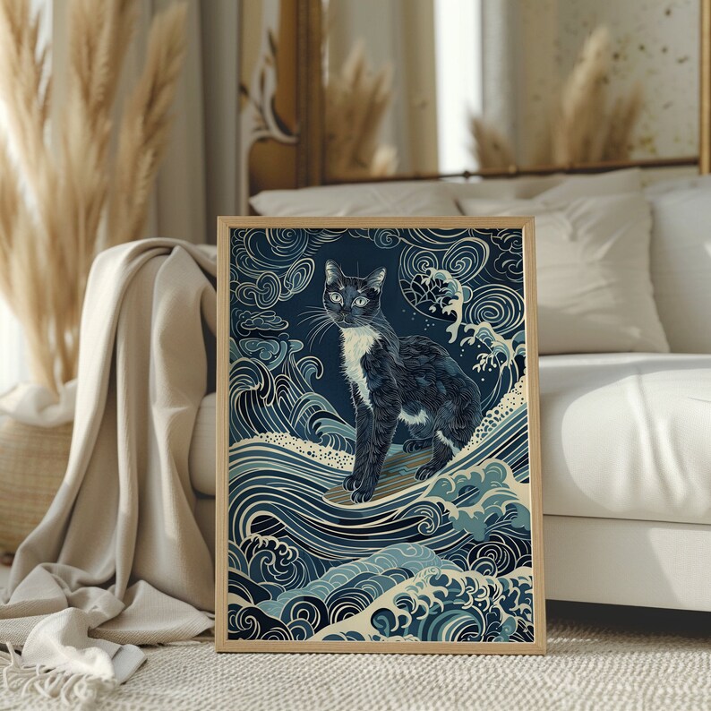 Hokusai Inspired Great Wave Cat Surfing Poster - Japanese Vintage Home ...