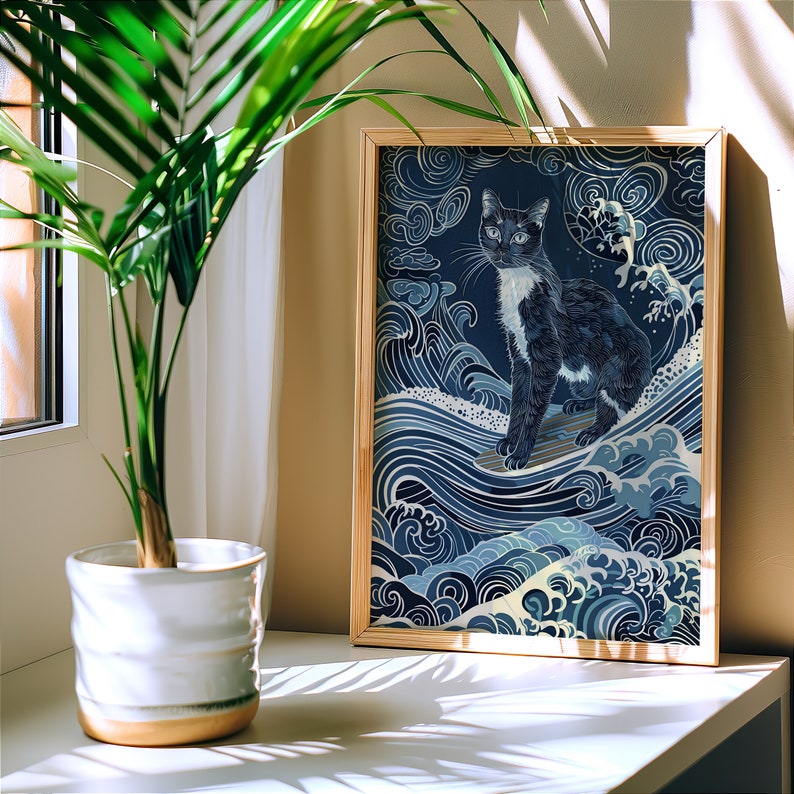 Hokusai Inspired Great Wave Cat Surfing Poster - Japanese Vintage Home ...