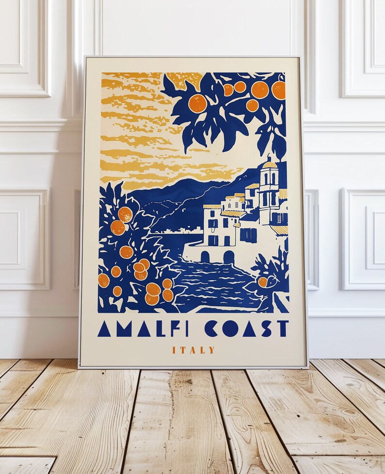 Vintage Italy Travel Poster: Retro Amalfi Coast Print Colorful Wall Art Orange Print Instant ...