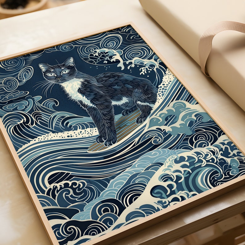 Hokusai Inspired Great Wave Cat Surfing Poster - Japanese Vintage Home ...