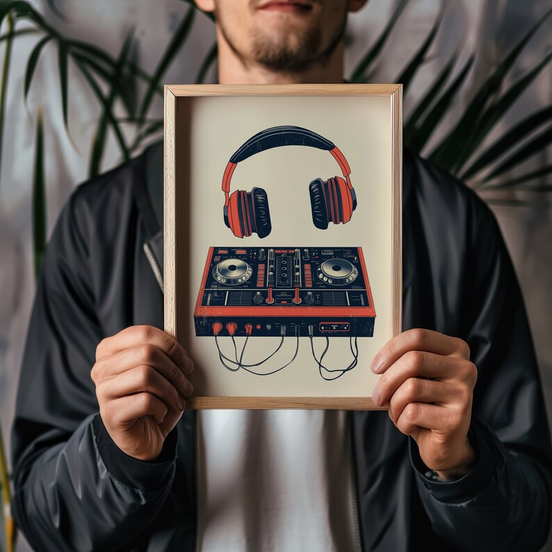Retro Music Poster: DJ Mixer and Headphones Print - Trendy Studio Decor ...
