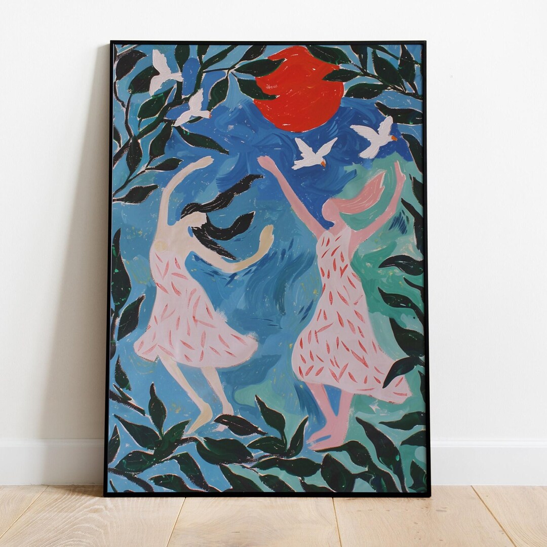 Two Women Dancing With Red Sun - Matisse Inspired Art Painting ...